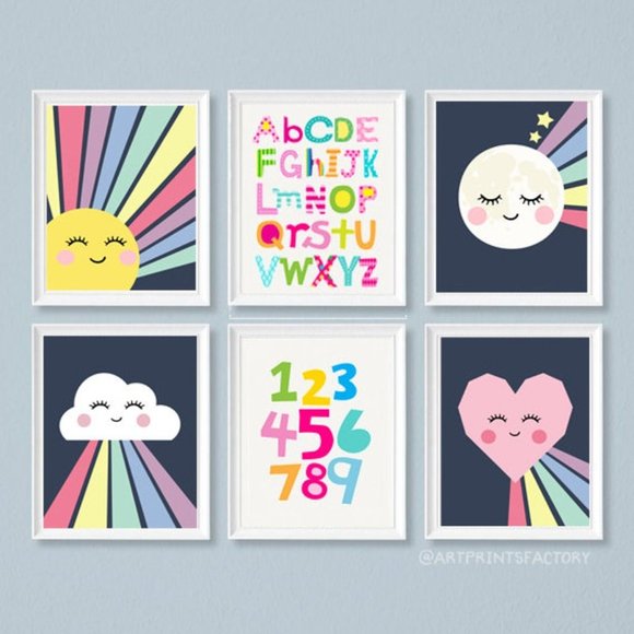 Art | Nursery Decor Alphabet Sun Moon Cloud Rainbow Baby Room Wall Art ...